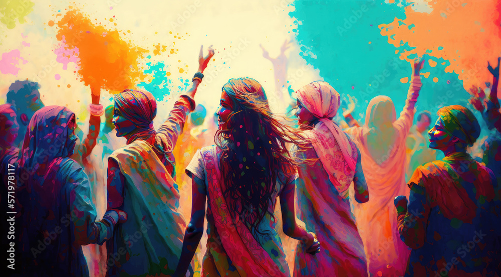 Holi festival celebration, people colorful silhouettes smear and drench ...