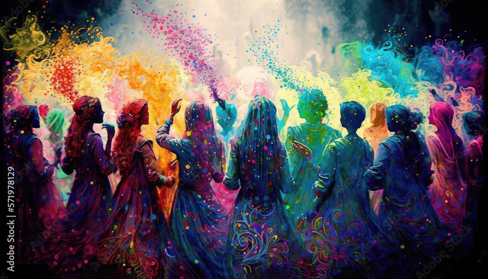 Holi festival celebration, people colorful silhouettes smear and drench ...