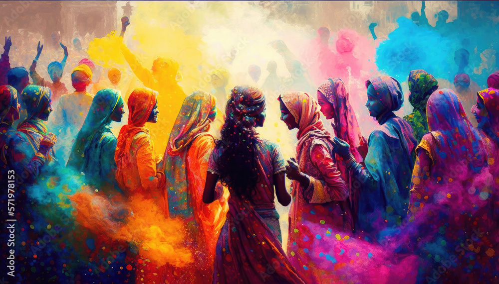 Holi festival celebration, people colorful silhouettes smear and drench ...