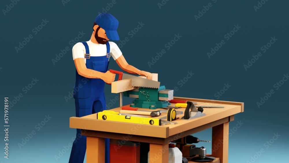 3d worker saws a board clamped in a vise with a hand saw. Carpenter at ...