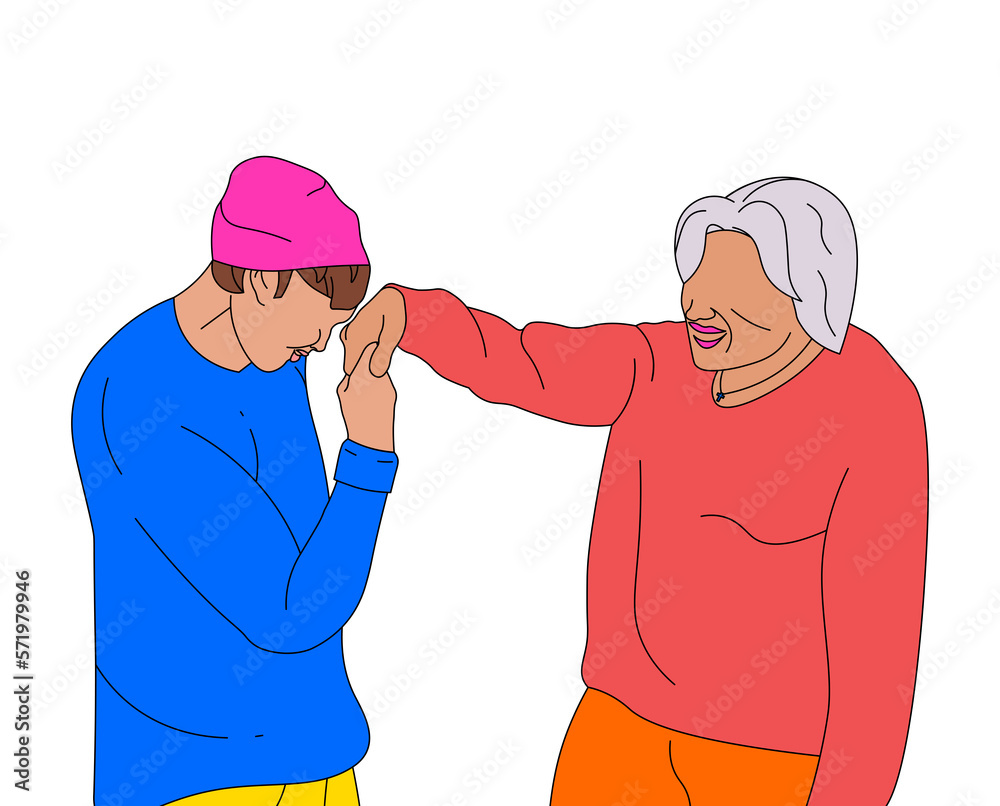 Lola/ grandma giving a Filipino blessing (mano po) to a boy Stock ...