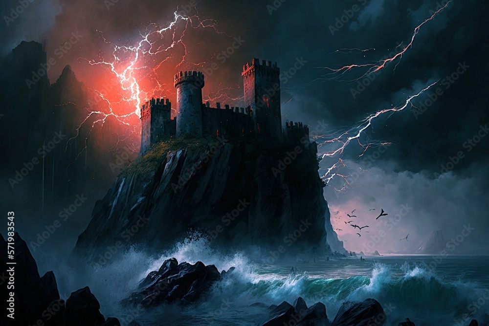 A medieval castle on a towering cliff amidst a stormy ocean, with dark ...