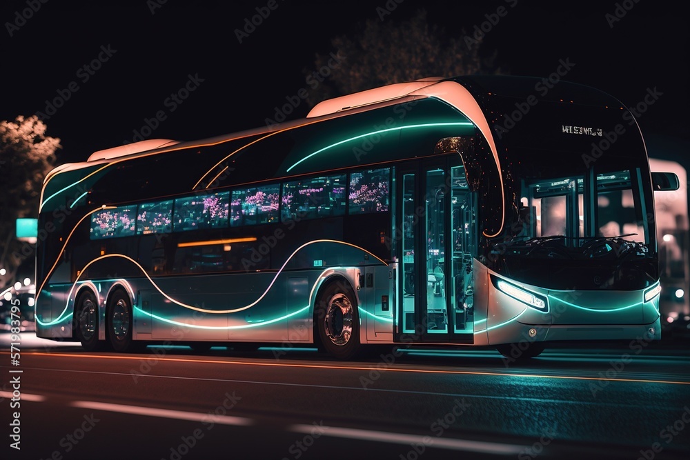 A futuristic autonomous bus with a striking neon light design driving ...