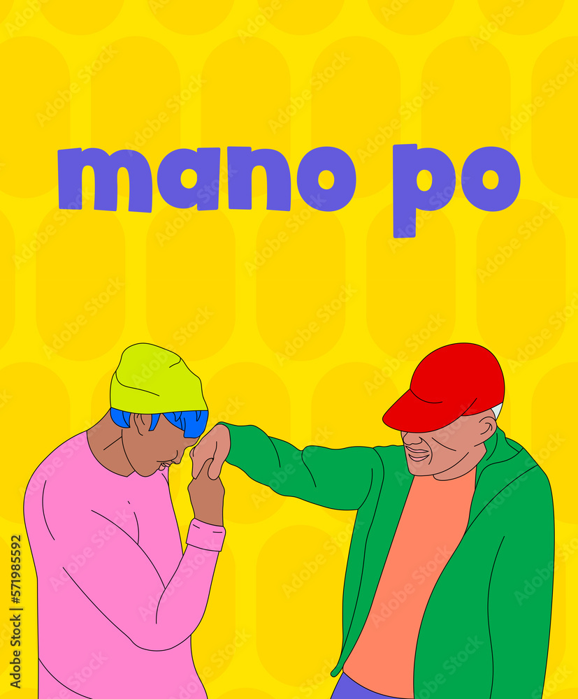 Lolo/ grandpa giving a Filipino blessing (mano po) to a boy with text ...