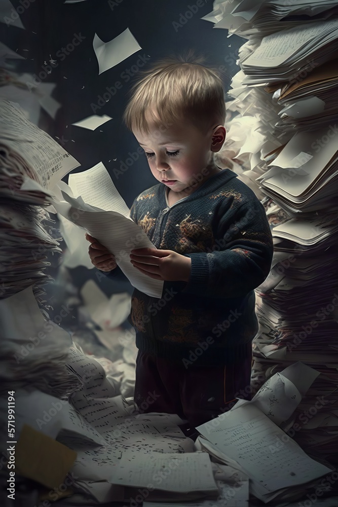 Little boy reading a book surrounded by piles of papers and paper ...