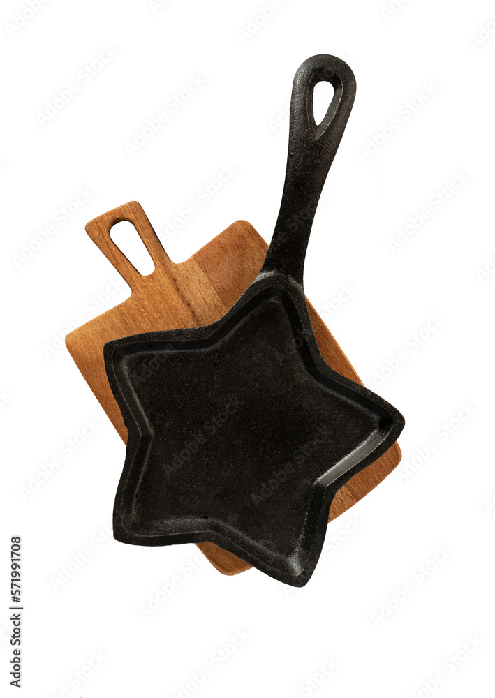 Flat plan of a black cast-iron frying pan in the shape of a five ...