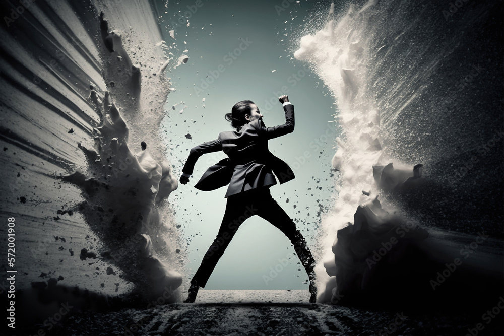 Business woman breaking through obstacles. Winning business woman ...