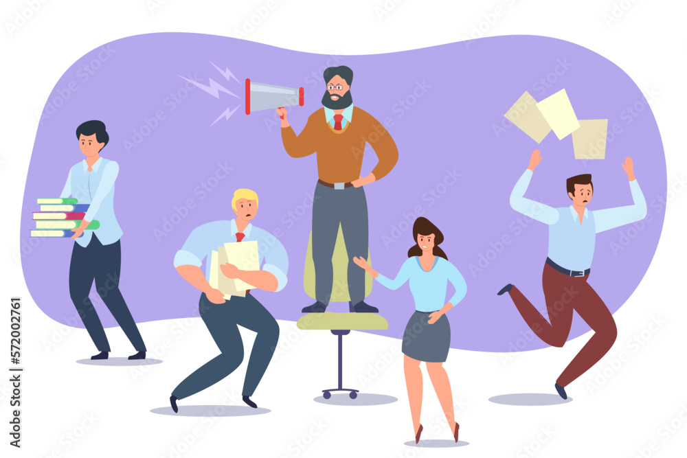 Angry team leader shouting at team vector illustration. Boss standing ...