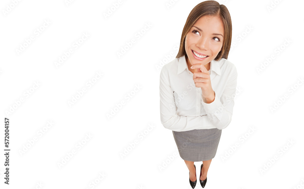 Thinking beautiful smiling business woman looking up isolated on white ...