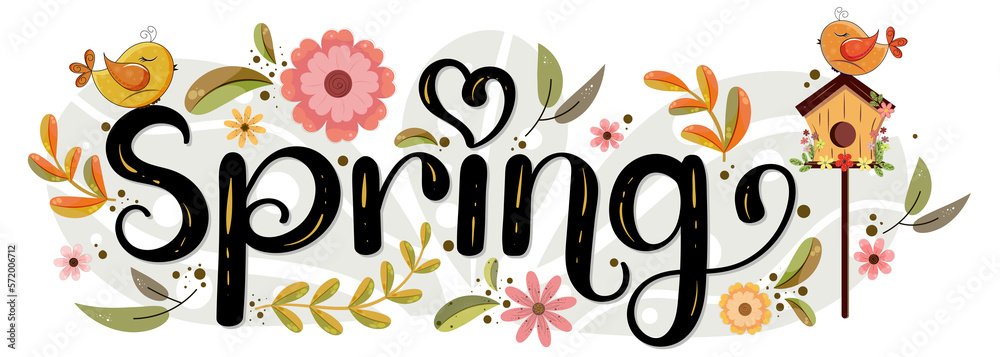 Hello SPRING. Floral Spring season design with color flowers, leaf and ...