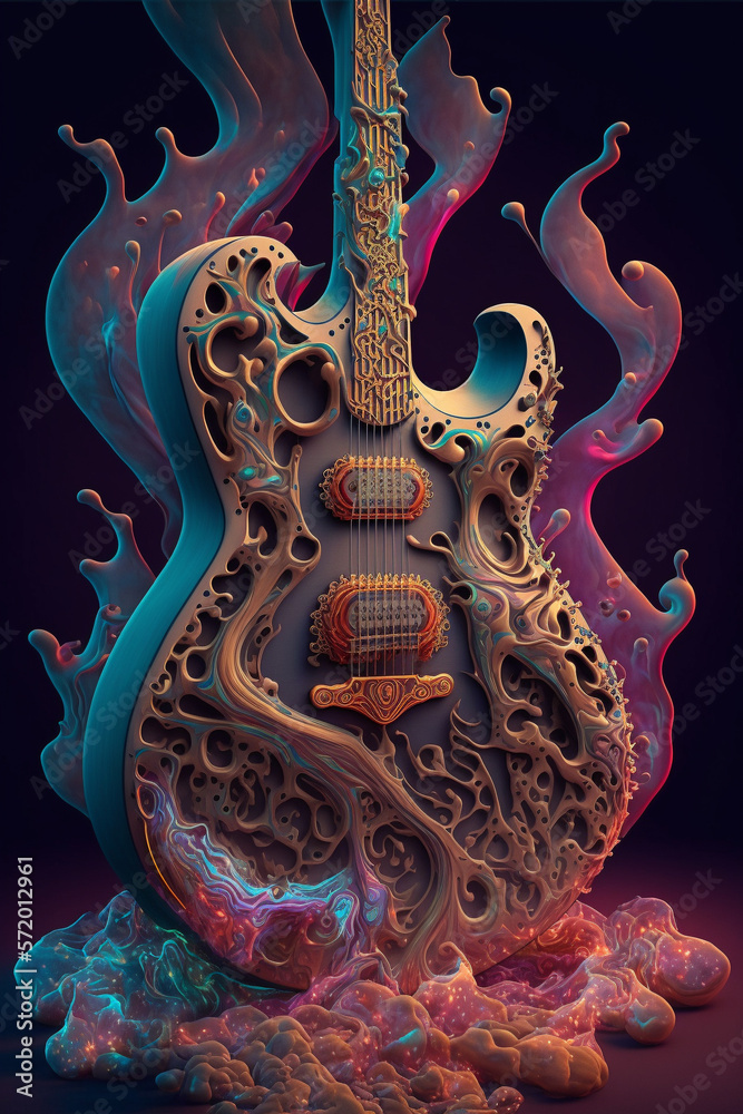 Colorful, psychedelic guitar with intricate details and ornaments ...