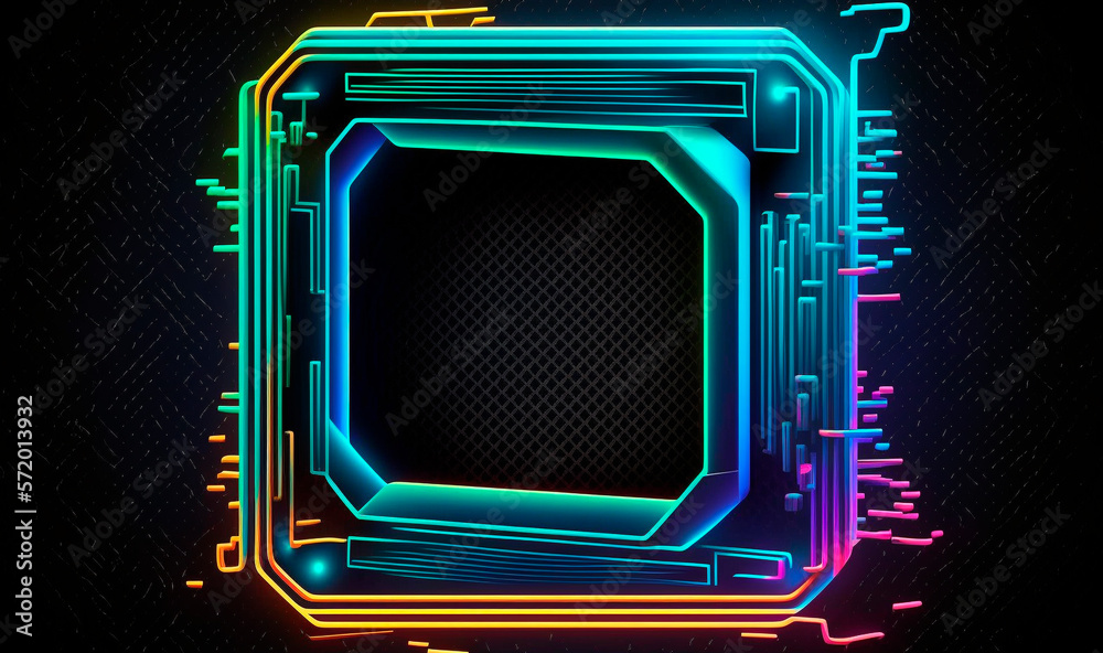 Square cyber frame with neon polygons background. Glowing lines and ...