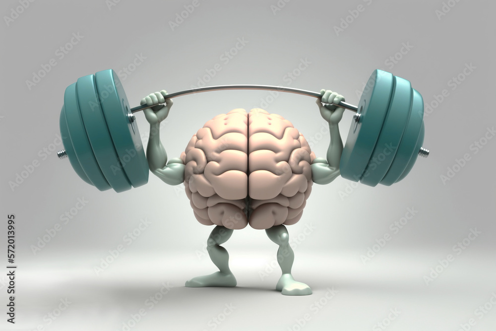 Fitness brain. Human brain lifting weights. Mental gymnastics. Cartoon ...