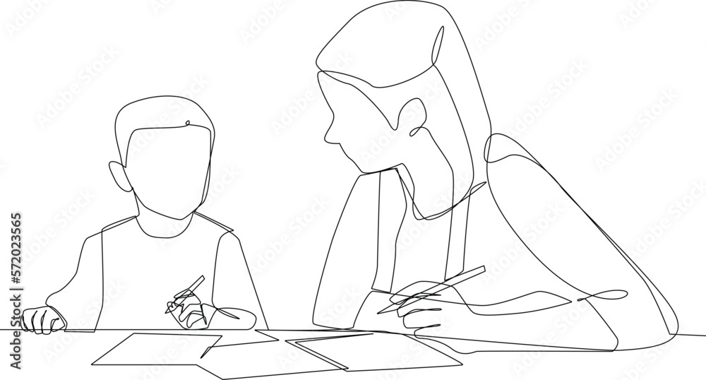Minimalist supermom concept. A mom accompanies her son to study. Black ...