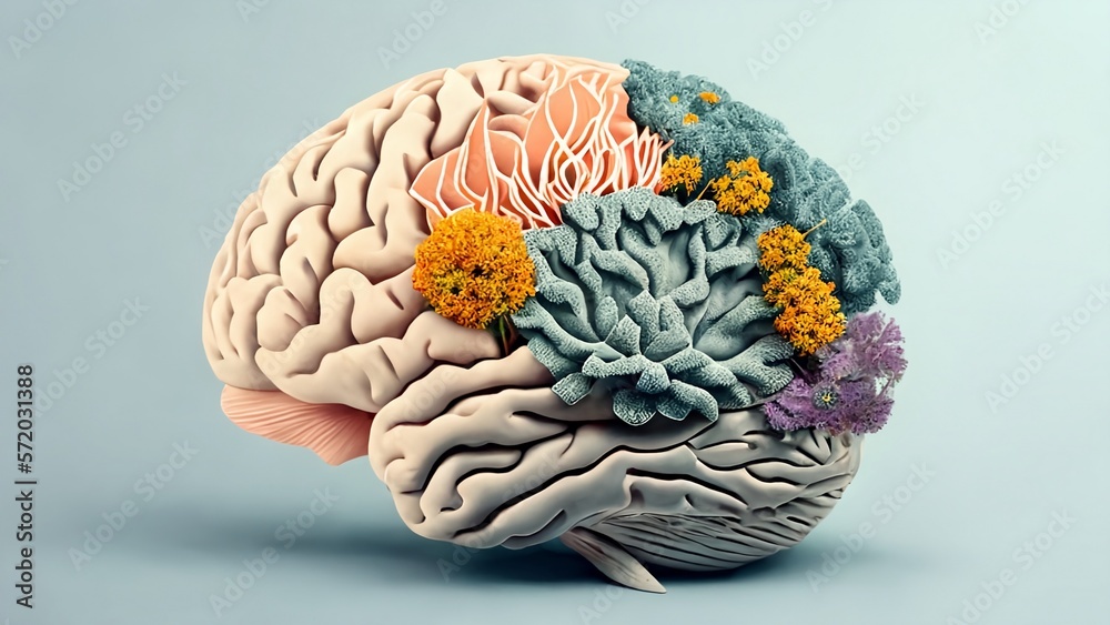 Human brain with flowers, self care and mental health concept, positive ...