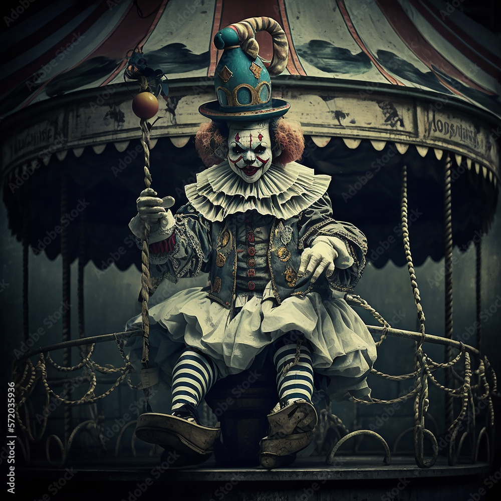 Creepy ghost clown standing in a haunted carousel. Created using ai ...