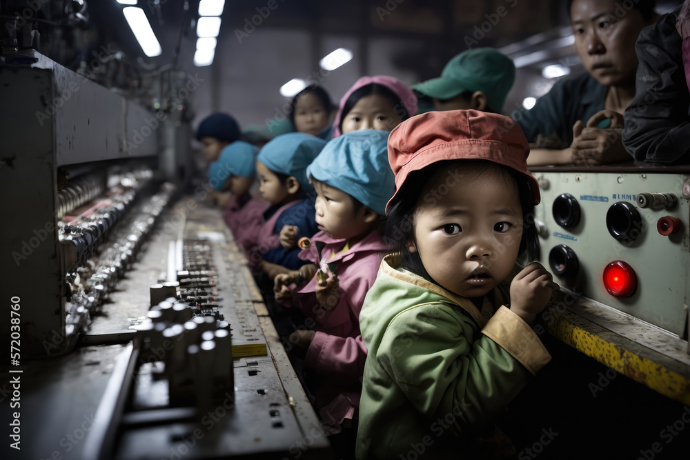 Child labour in electronics industry - a group of asian toddlers with a ...