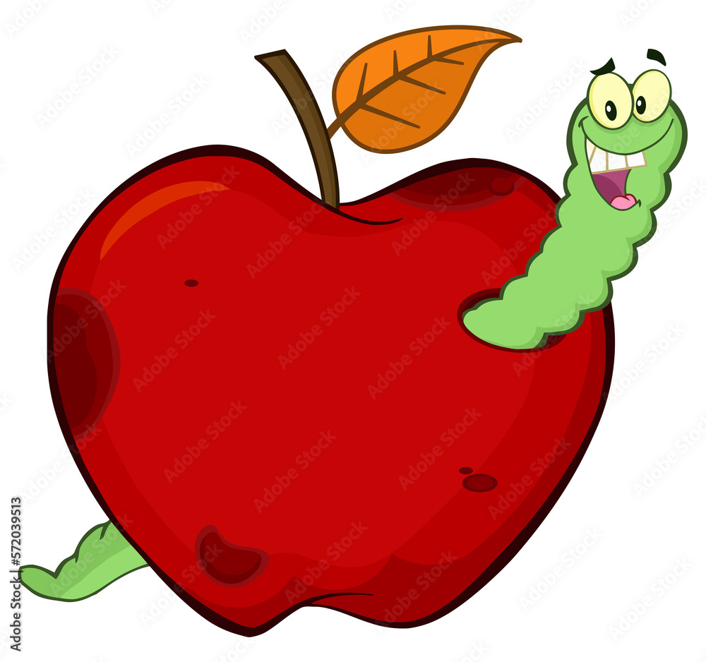 Happy Worm In A Rotten Red Apple Fruit Cartoon Mascot Character Design ...