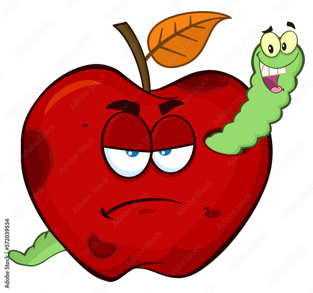 Happy Worm In A Grumpy Rotten Red Apple Fruit Cartoon Mascot Characters ...