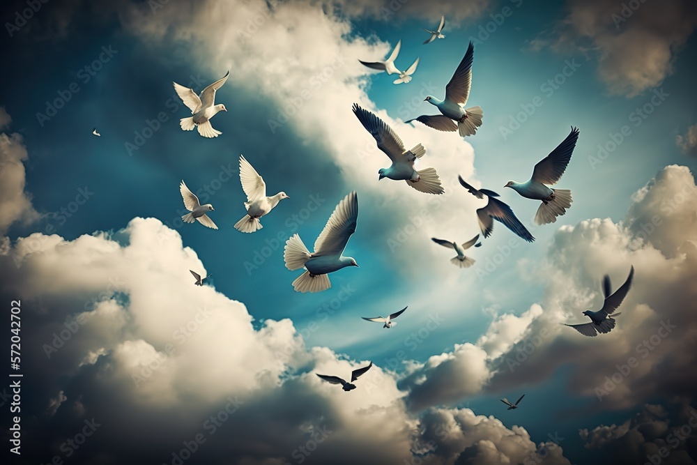 Flock of goose birds flying in a clear blue sky outdoors with copy ...