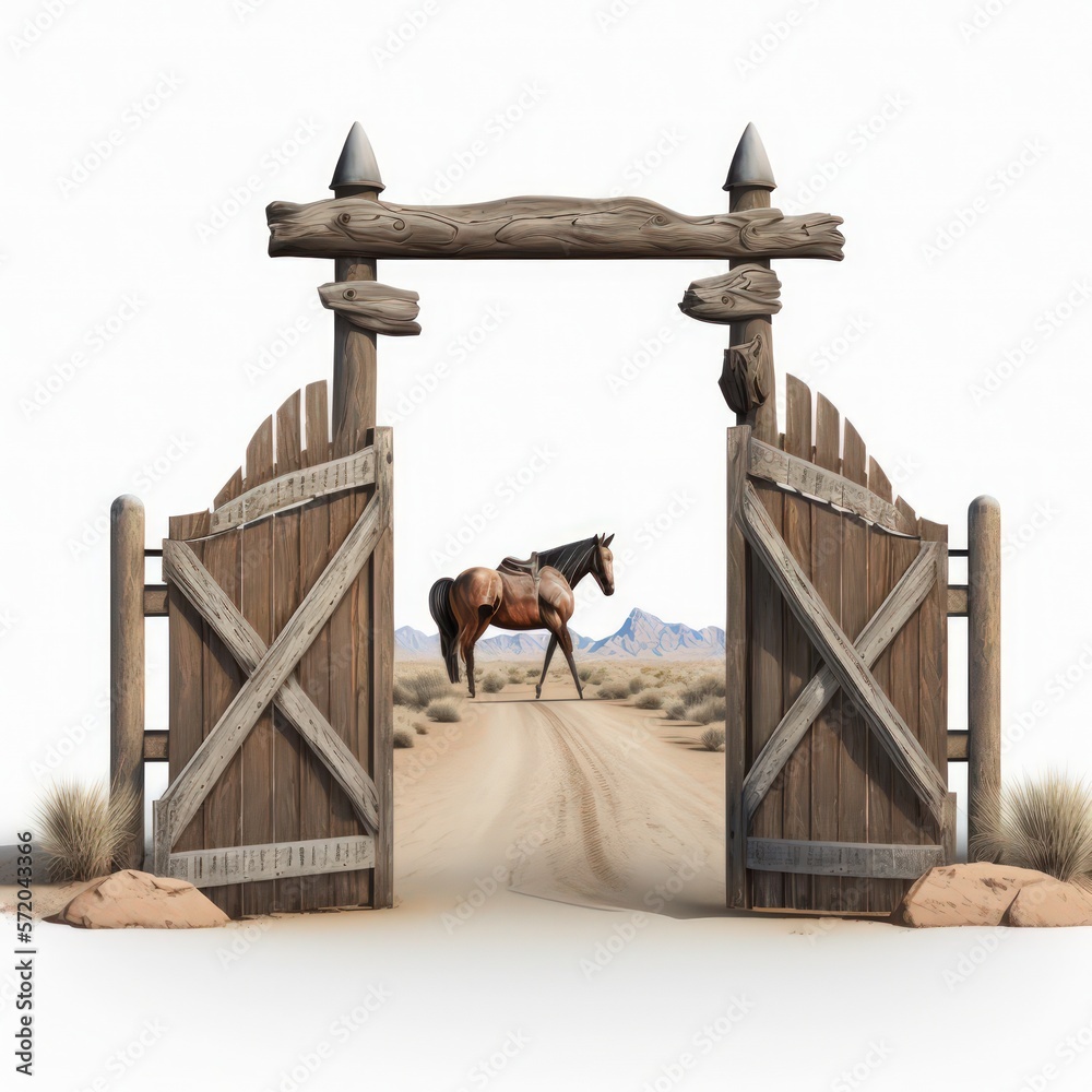 Detailed illustration of a western cattle ranch farm entrance gate ...