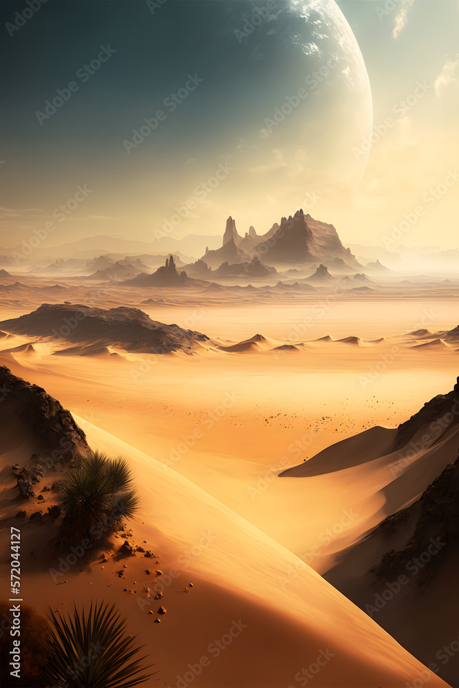 A breathtaking landscape featuring a panoramic view of a rugged desert ...