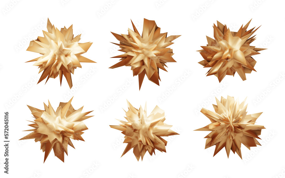 3d render, set of 6 glowing bronze sharp pointed objects on transparent ...
