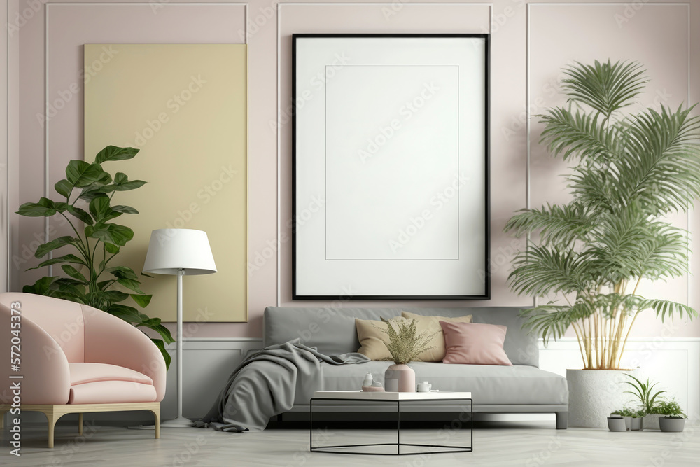 One frame blank mock up in modern living room interior, light colors ...