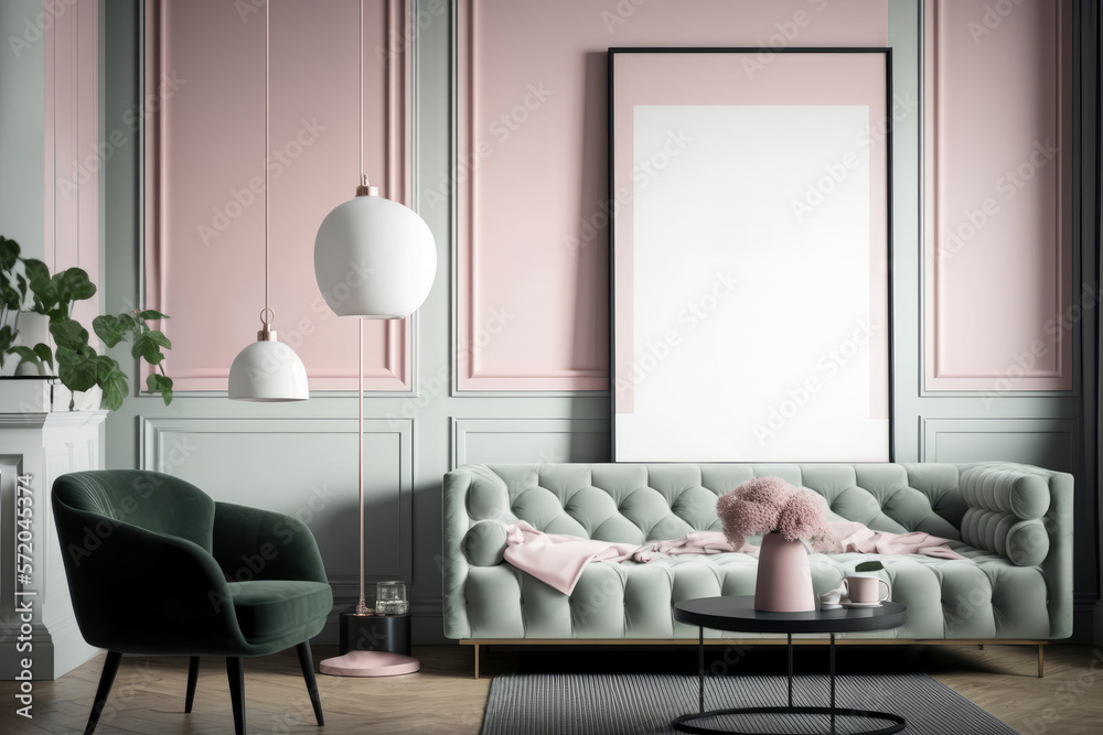 One frame blank mock up in modern living room interior, light colors ...