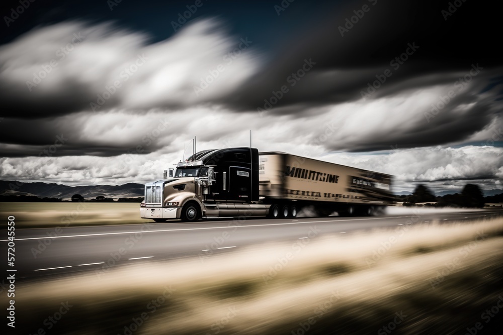 Semi truck at speed on Road. Semi truck fast moving on the road. Car in ...