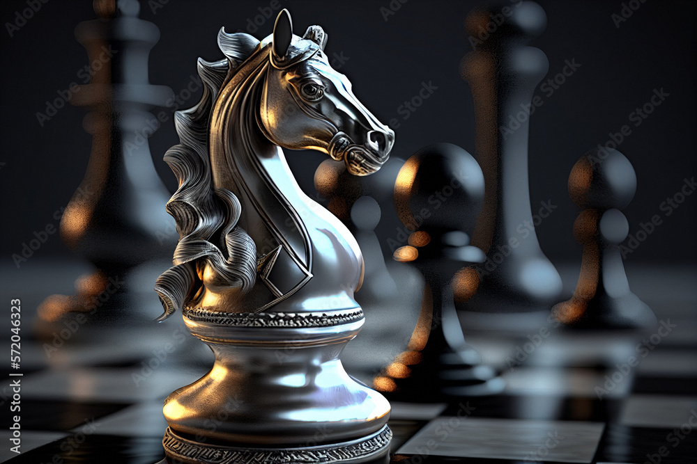 a white chess piece of a horse on a background of black chess pieces ...