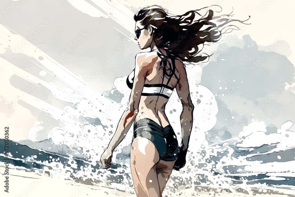 Young Woman In Bikini In Style Of Aquarelle Ai Generated Stock