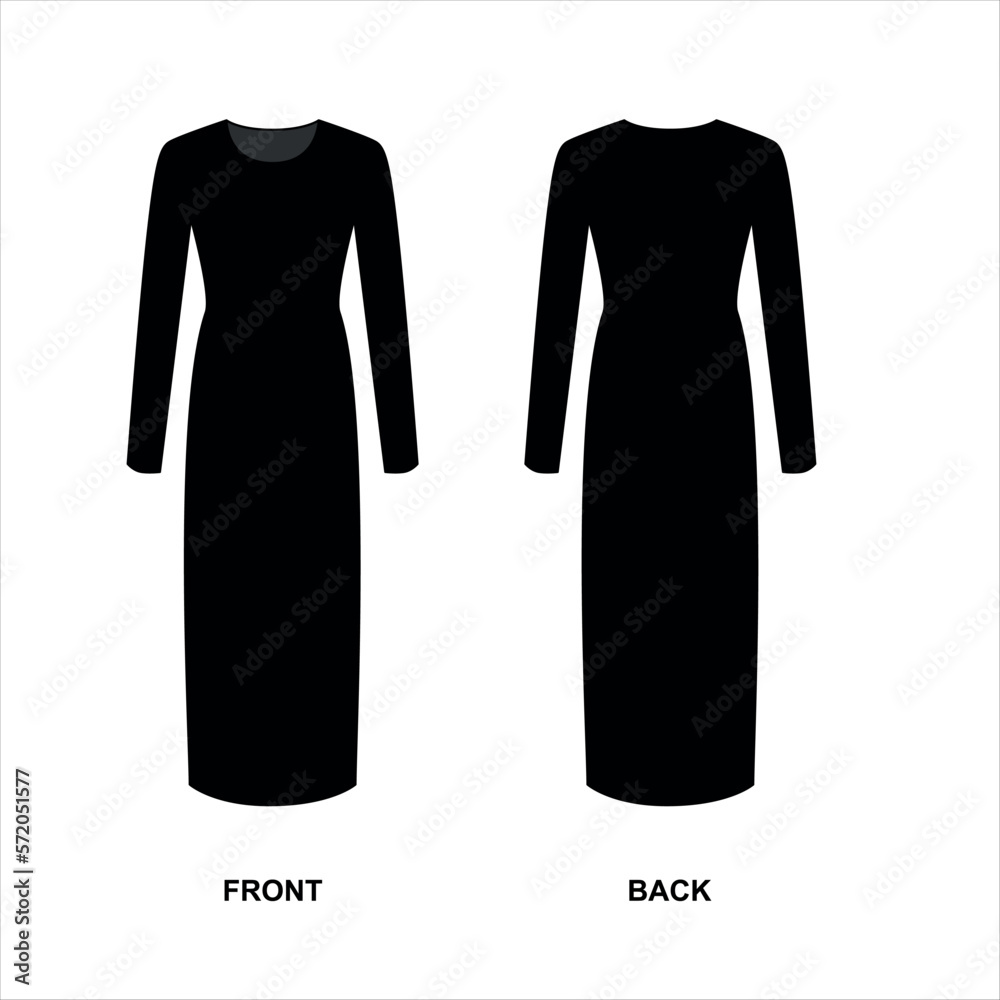 Vector drawing of fashionable black dress. Basic tight, long, black ...
