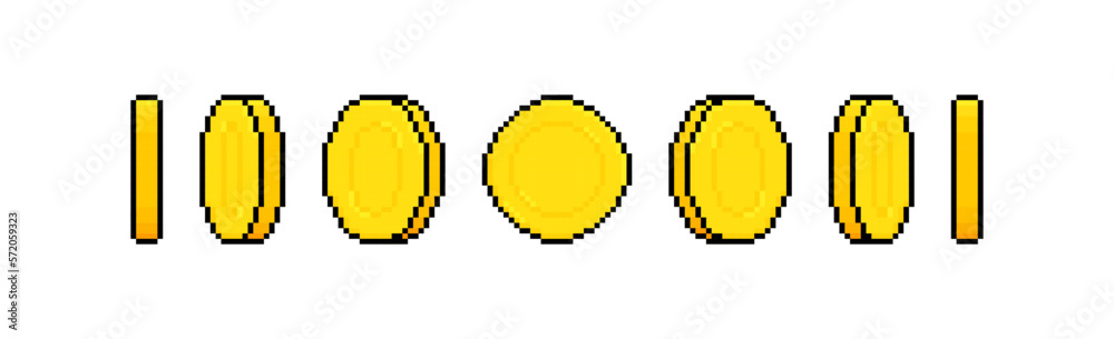 8-bit pixel art coin animation. Pixel money animated frames. Gold coin ...