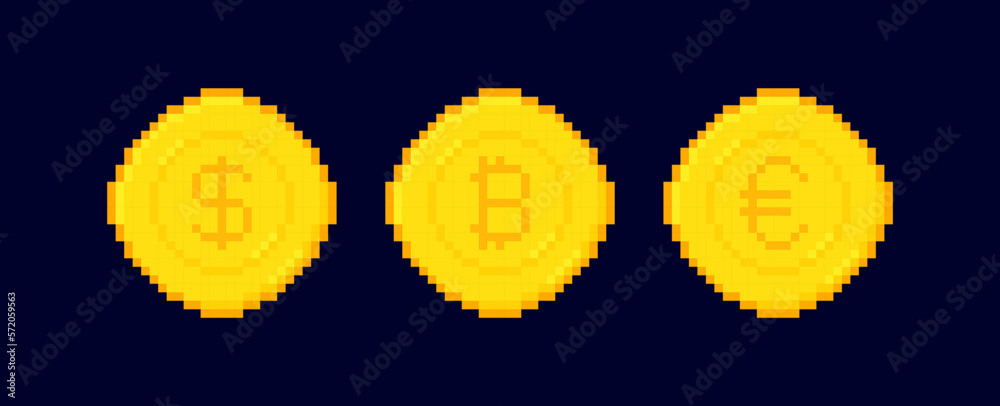 Set of 8 bit pixel art coin. Dollar, bitcoin and euro coin. Gold monet ...