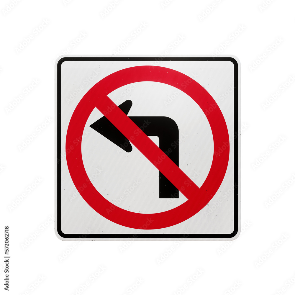 No left turn American road sign isolated on transparent background. 3D ...