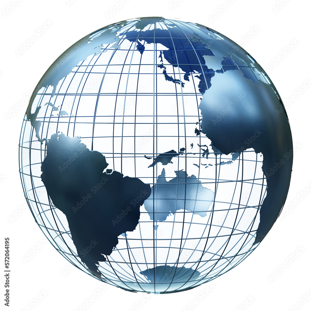 Stylized metallic wireframe earth globe centered on the Atlantic ocean ...