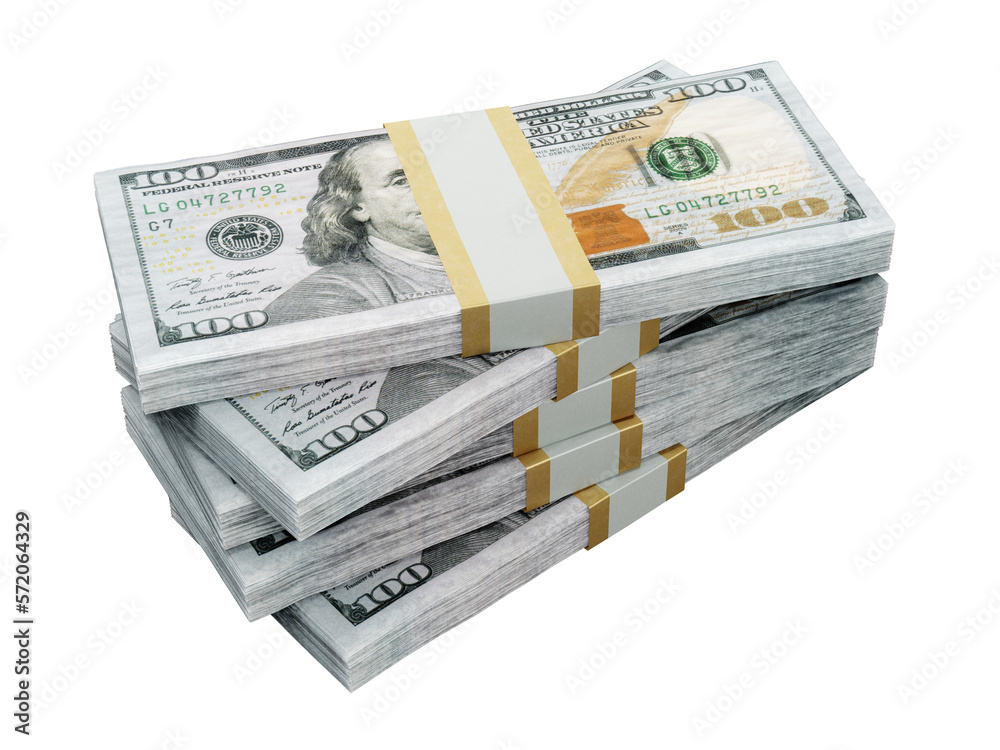 Bundles of US one hundred dollar bills in a pile isolated on ...