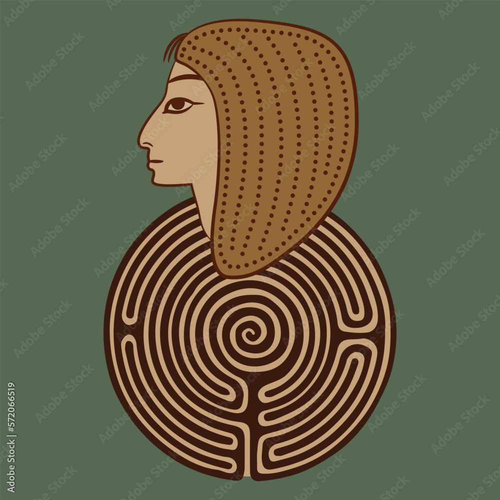 Ancient Egyptian human head on top of a round spiral maze or labyrinth ...