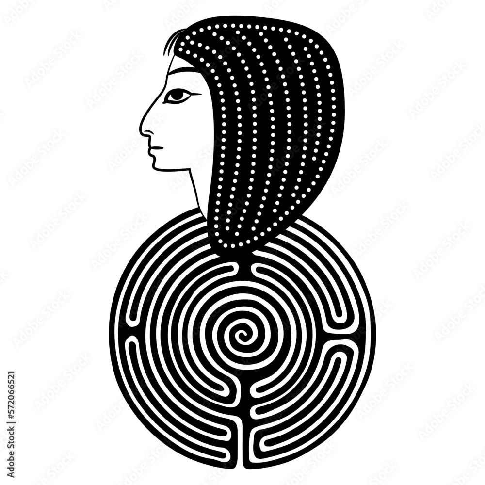 Ancient Egyptian human head on top of a round spiral maze or labyrinth ...