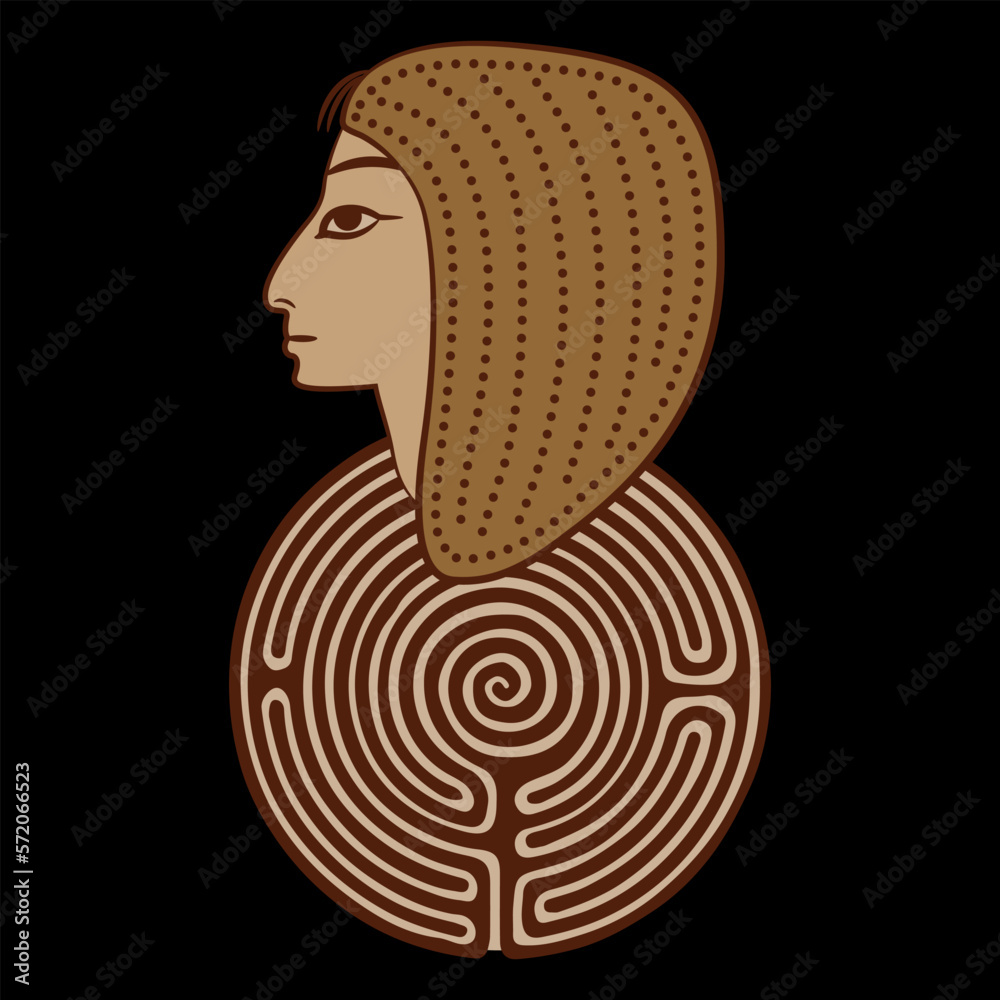 Ancient Egyptian human head on top of a round spiral maze or labyrinth ...