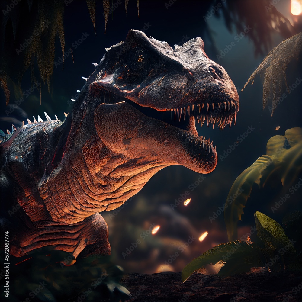 Tyrannosaurus Rex in the ancient prehistoric jungle. An ancient ...