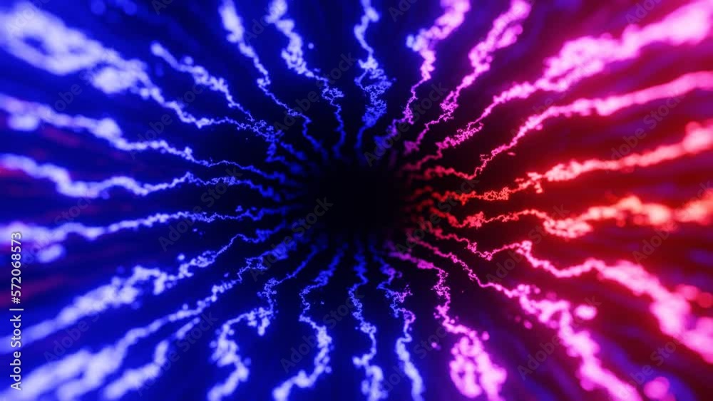 Vj loop. Fly through mirror tunnel with neon pattern, glow lines form sci fi pattern. Bright ...