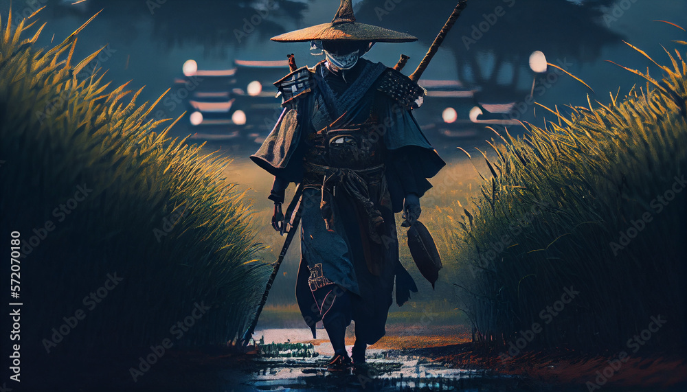 Samurai walking trough rice fields in japan Stock-Illustration | Adobe ...