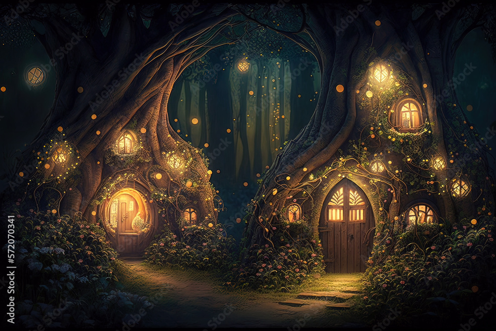 Fantasy houses in magic forest at night, fairy tale habitation in trees ...