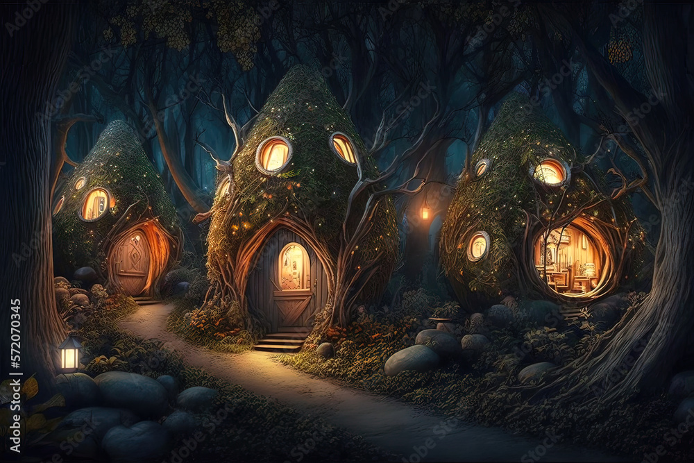 Fantasy houses in magic forest at night, fairy tale habitation in trees ...