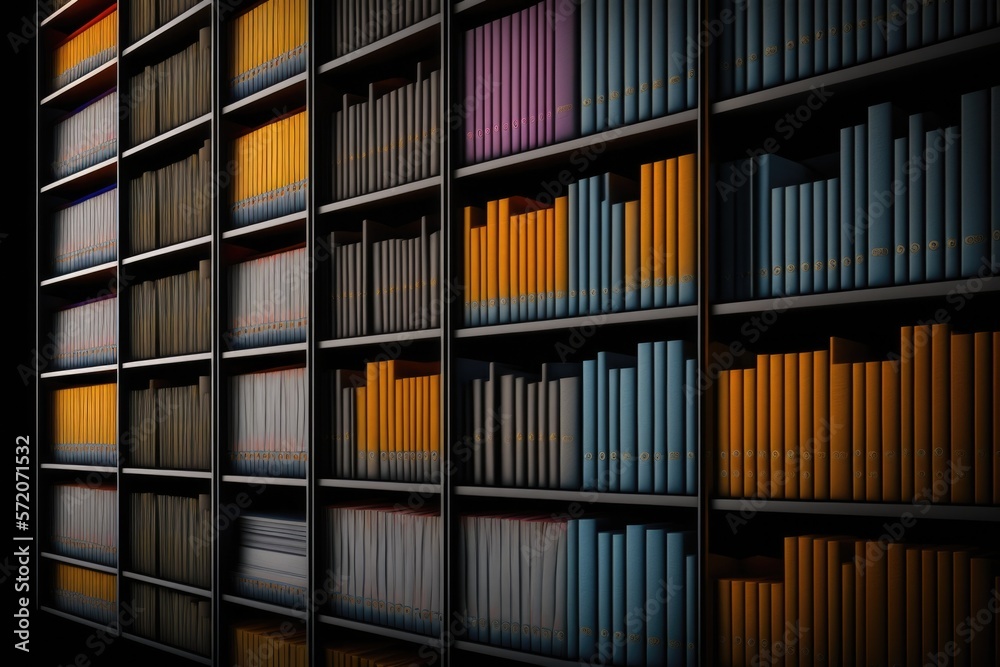 Wall from shelves with file binders, an office room with papers and ...