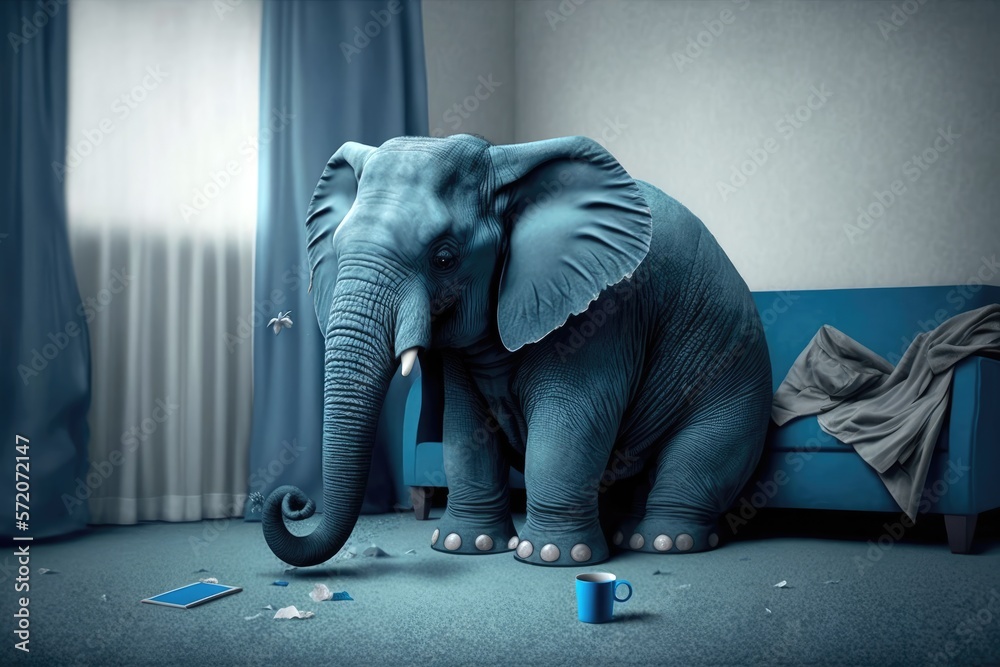 Blue Monday elephant concept, sad depressing day, elephant in a room ...