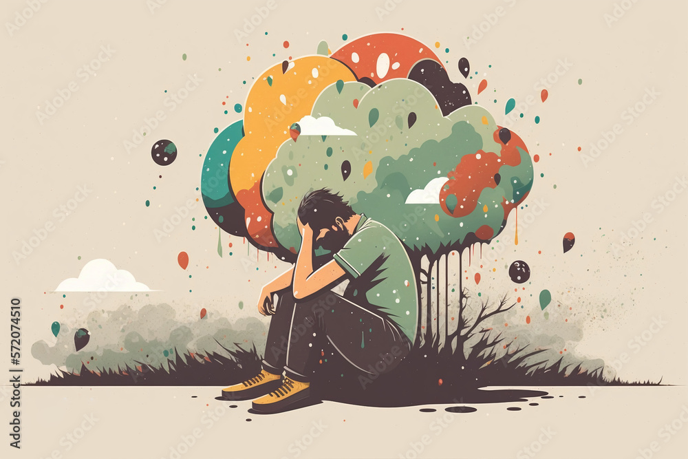 Stressed young man. Depression. Conceptual illustration of depressed ...