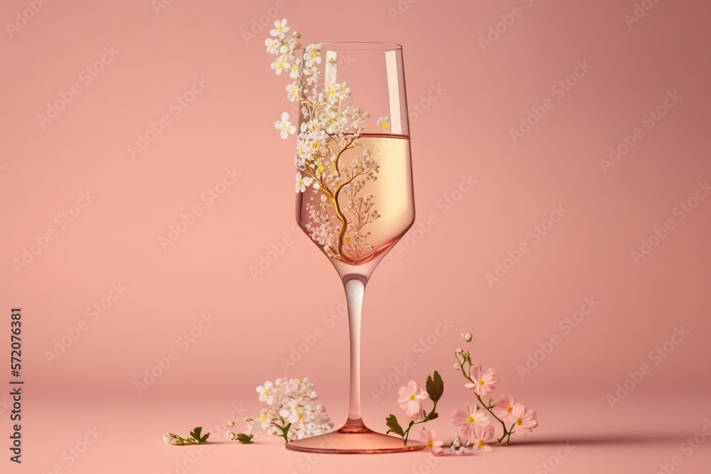 Champagne glass with spring flowers against pink background, Minimal ...